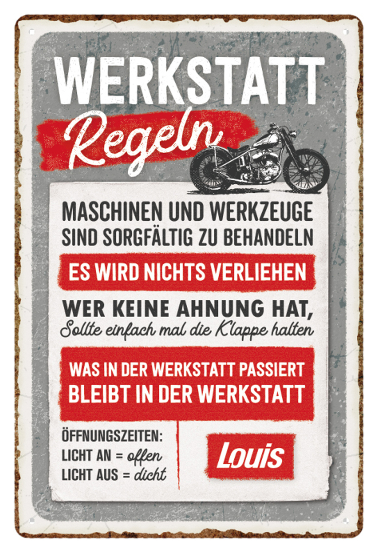 Louis Louis tin sign workshop rules Dimensions (W x H): 20 x 30 cm