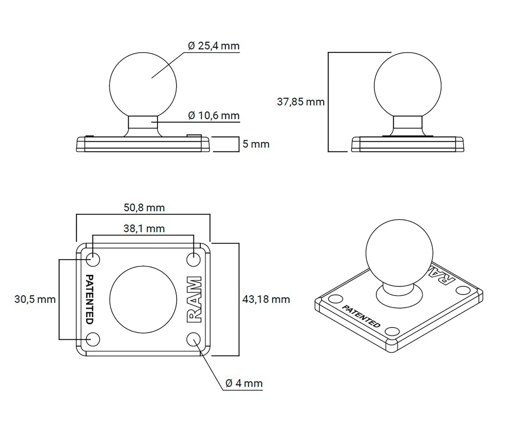 RAM Mounts PLAQUE DE BASE RAM MOUNTS RECTANGULAIRE AV. BOULE B